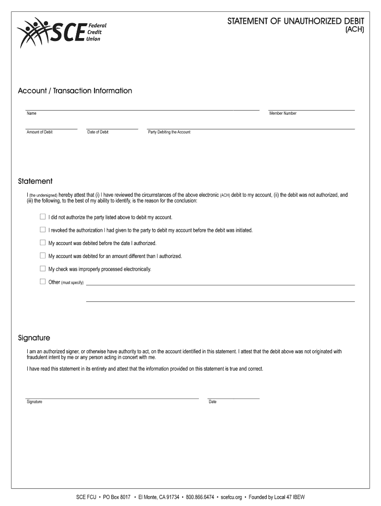 Fillable Online Statement Of UnaUthorized Debit ACh Account Fax Email Fillable Online Statement Of UnaUthorized Debit ACh Account Fax Email