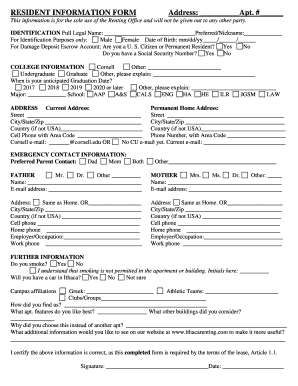 Fillable Online 16-17 Form-Resident Info Form Fax Email Print - pdfFiller