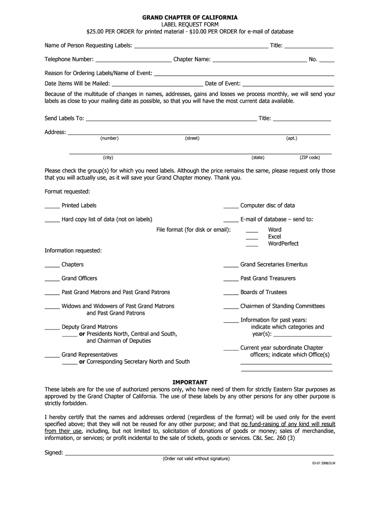 Fillable Online office oescal Label Order Form - Grand Chapter of CA ...