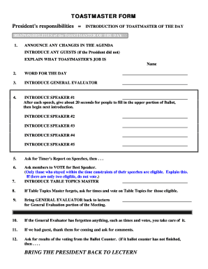 Fillable Online TOASTMASTER FORM Presidents responsibilities Fax Email ...