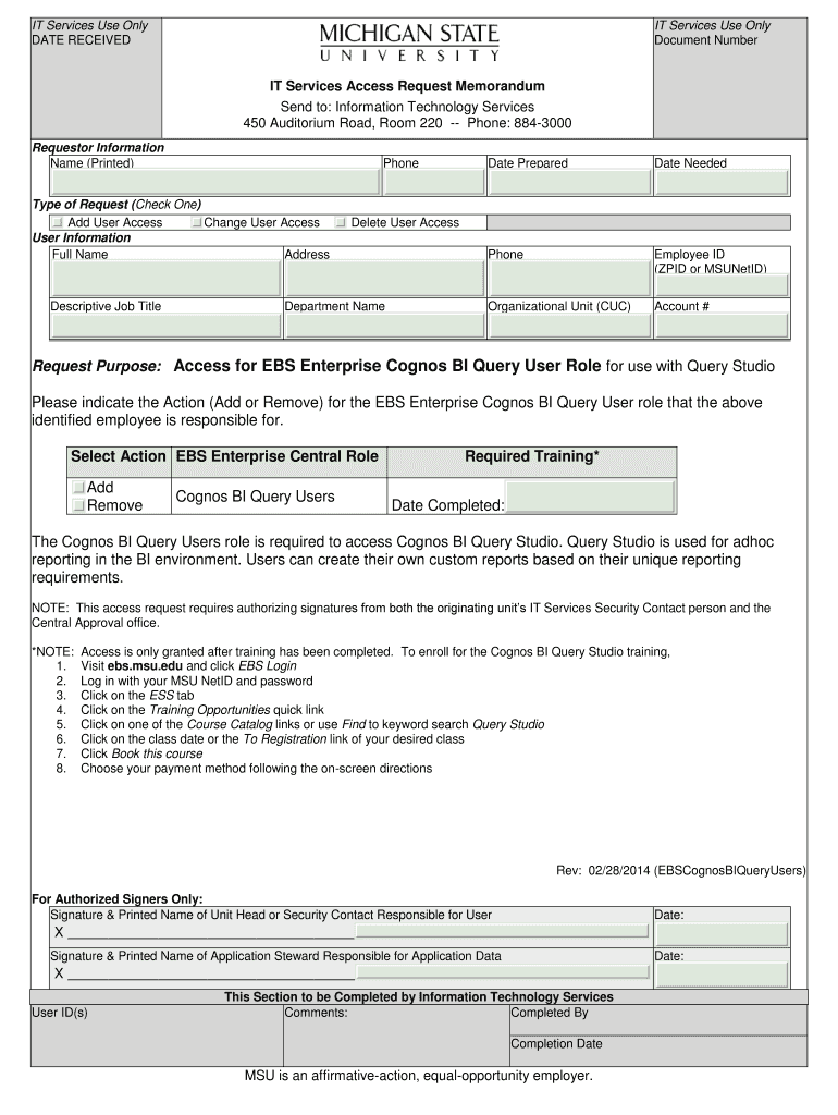 Fillable Online aissecuritycontact ais msu Access for EBS Enterprise Cognos BI Query User Role ...