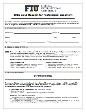 Fillable Online 20152016 Request for Professional Judgment If you have ...