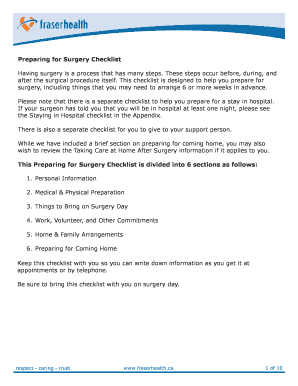 Fillable Online Preparing for Surgery Checklist - Fraser Health Fax ...