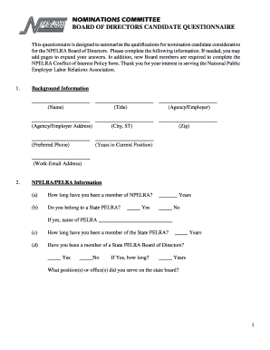 Fillable Online npelra BOARD OF DIRECTORS CANDIDATE QUESTIONNAIRE Fax ...