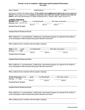 Fillable Online Present Levels of Academic and Functional Performance ...