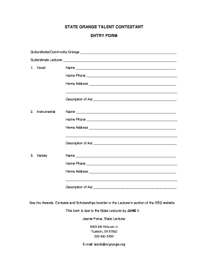 Fillable Online orgrange STATE GRANGE TALENT CONTESTANT ENTRY FORM Fax ...