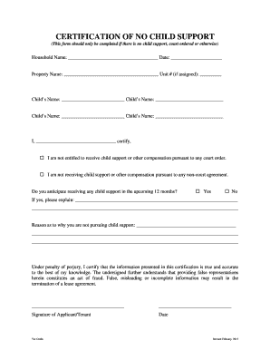 Fillable Online rentalcompliance CERTIFICATION OF NO CHILD SUPPORT ...