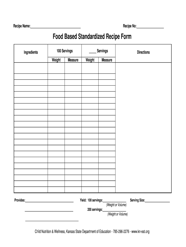 Fillable Online kn-eat Recipe Name Recipe No Food Based Standardized ...