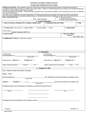 Fillable Online mclfl NATIONAL MARINE CORPS LEAGUE AWARD RECOMMENDATION ...