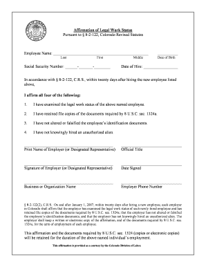 Fillable Online cadaonline Colorado Affirmation of Legal Work Status ...