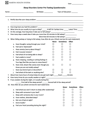 Fillable Online Sleep Disorders Center Pre-Testing Questionnaire Fax ...