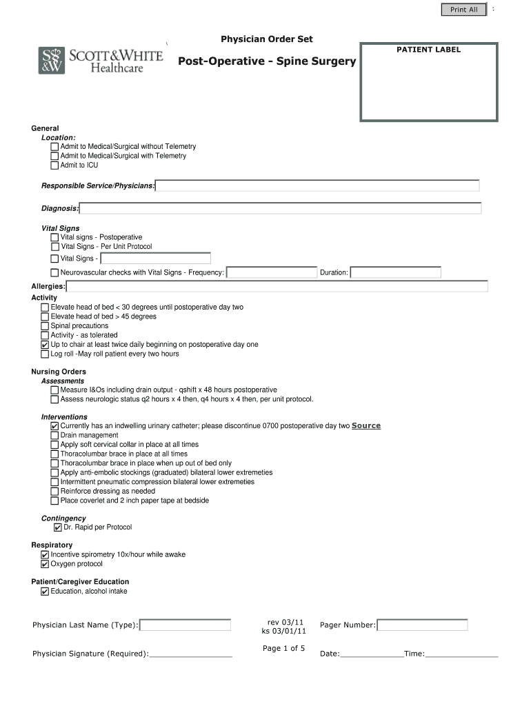 Fillable Online sw PostOperative Spine Surgery - Baylor Scott amp White Health - sw Fax Email ...
