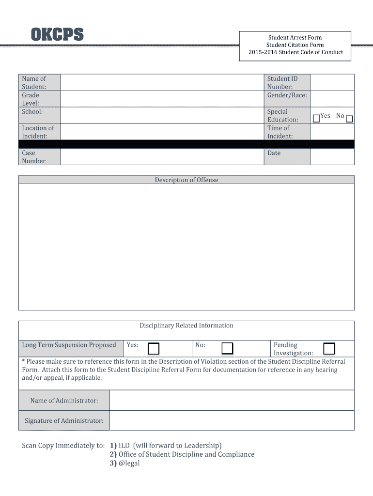 Fillable Online okcps Student Arrest Form Student Citation Form Conduct ...