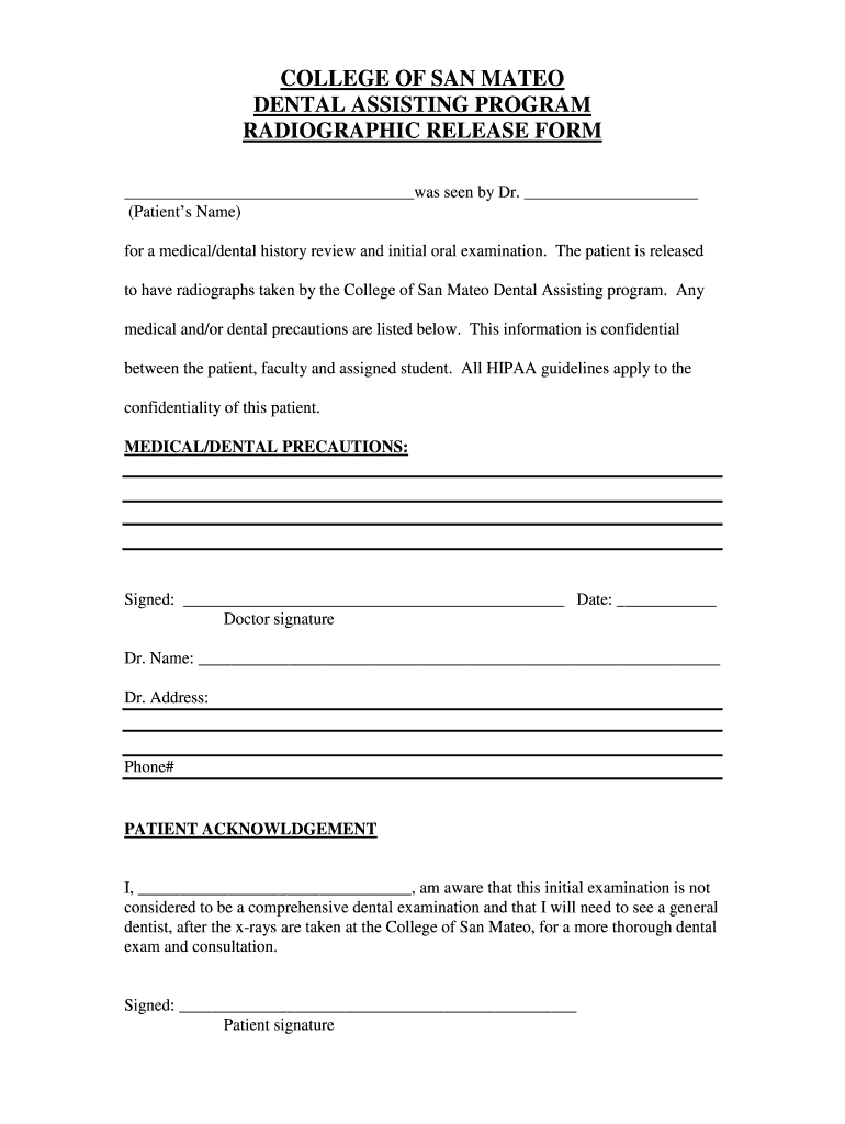 Fillable Online collegeofsanmateo RADIOGRAPHIC RELEASE FORM - College ...