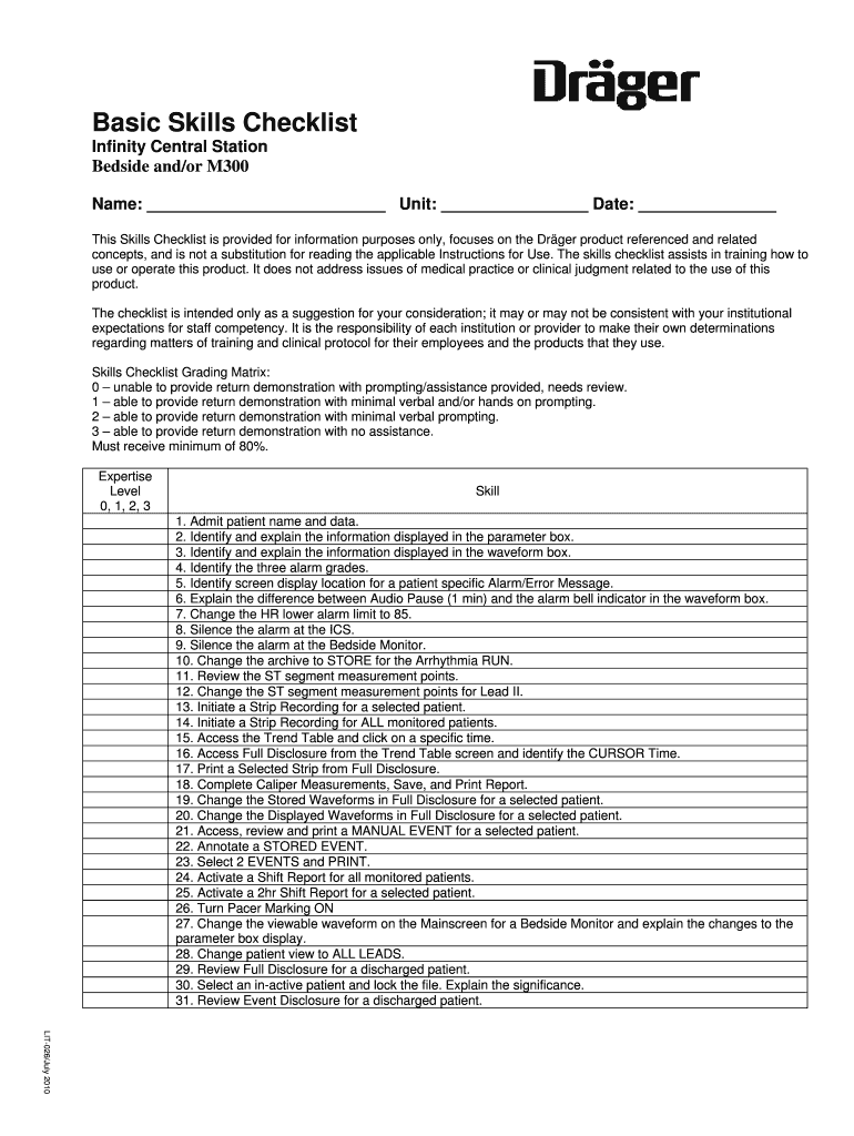 Fillable Online Basic Skills Checklist - draegercom Fax Email Print ...