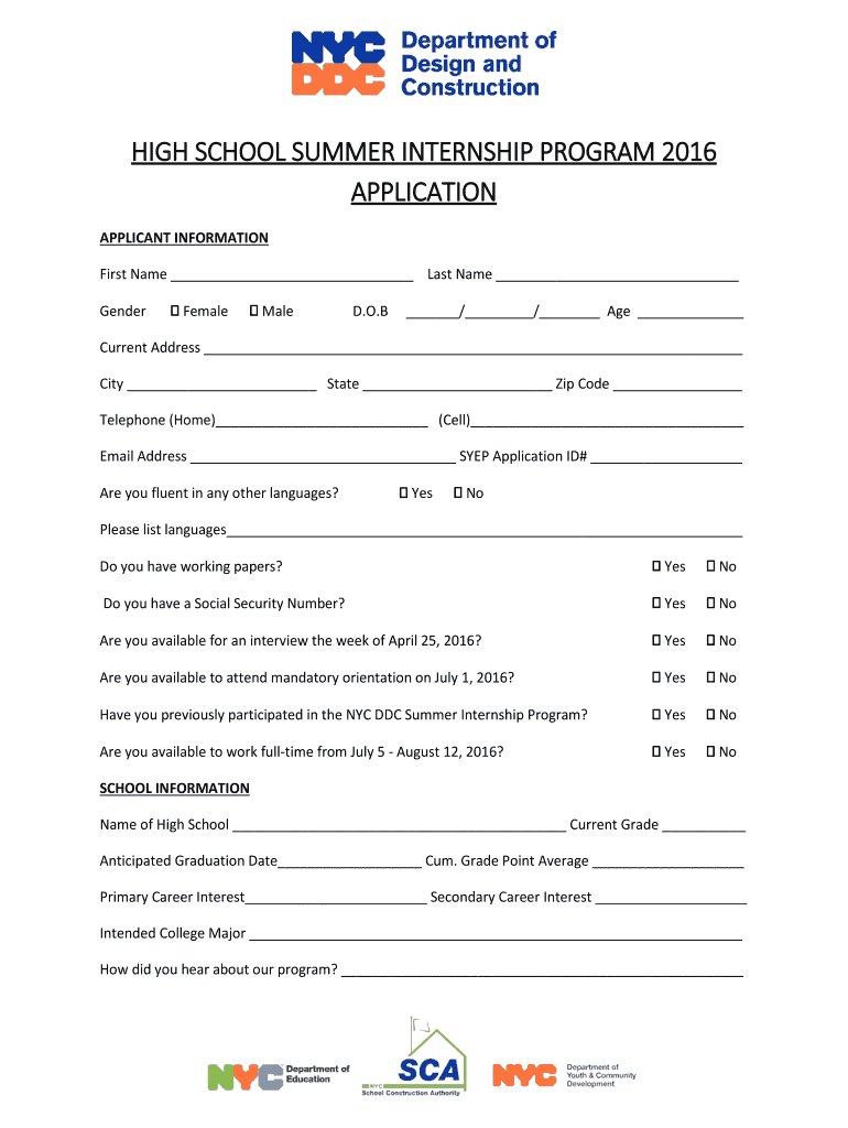 Fillable Online HIGH SCHOOL SUMMER INTERNSHIP bPROGRAM 2016b bb Fax Email Print - pdfFiller