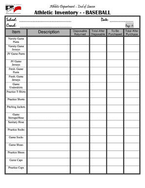 Fillable Online Athletic Department Baseball Inventory.doc Fax Email ...