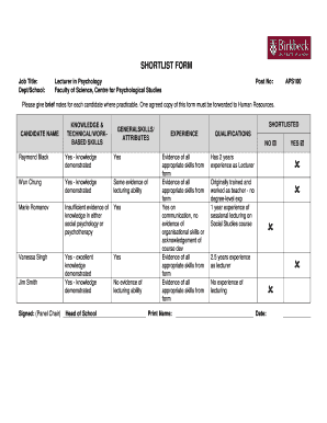 Fillable Online SHORTLIST FORM - Birkbeck University of London Fax ...