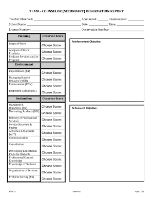 Fillable Online TEAM COUNSELOR SECONDARY OBSERVATION REPORT - cmcssnet ...
