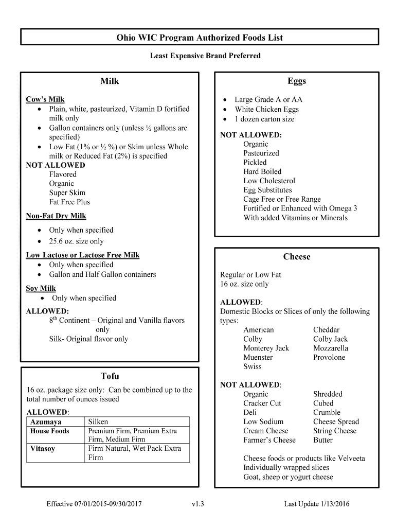 Fillable Online Ohio WIC Program Authorized Foods List Fax Email Print ...