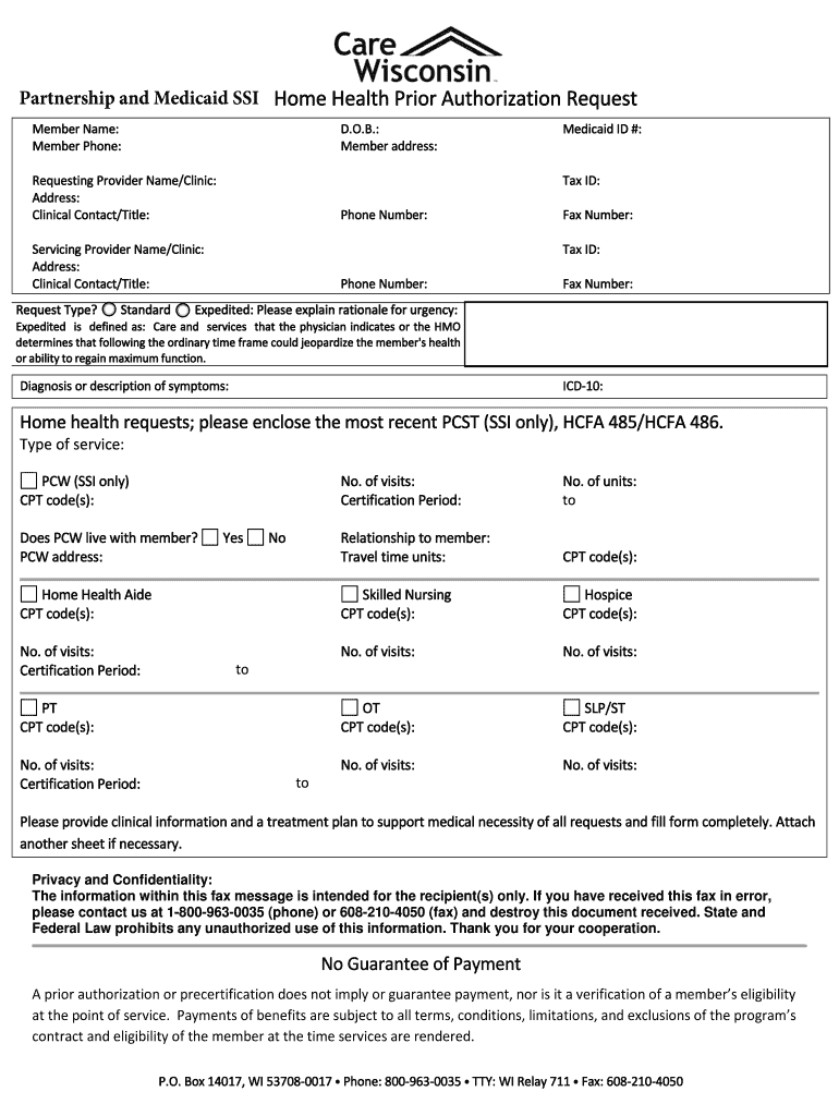 Fillable Online carewisc 1g Revised Home Health Prior Authorization ...
