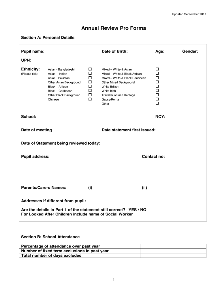 Fillable Online apps warwickshire gov Annual Review Pro forma ...