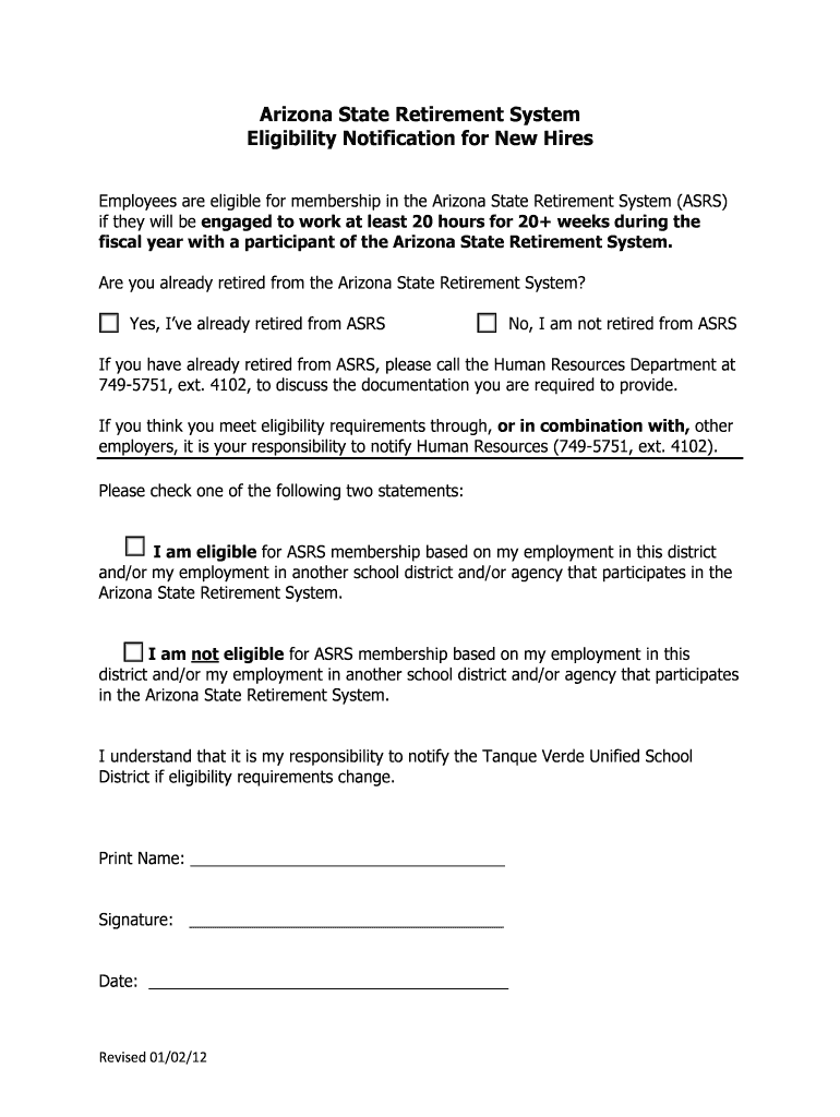 Fillable Online tanqueverdeschools Arizona State Retirement System ...