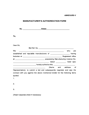Fillable Online ANNEXUREV MANUFACTURERS AUTHORIZATION FORM No Fax Email Print - pdfFiller