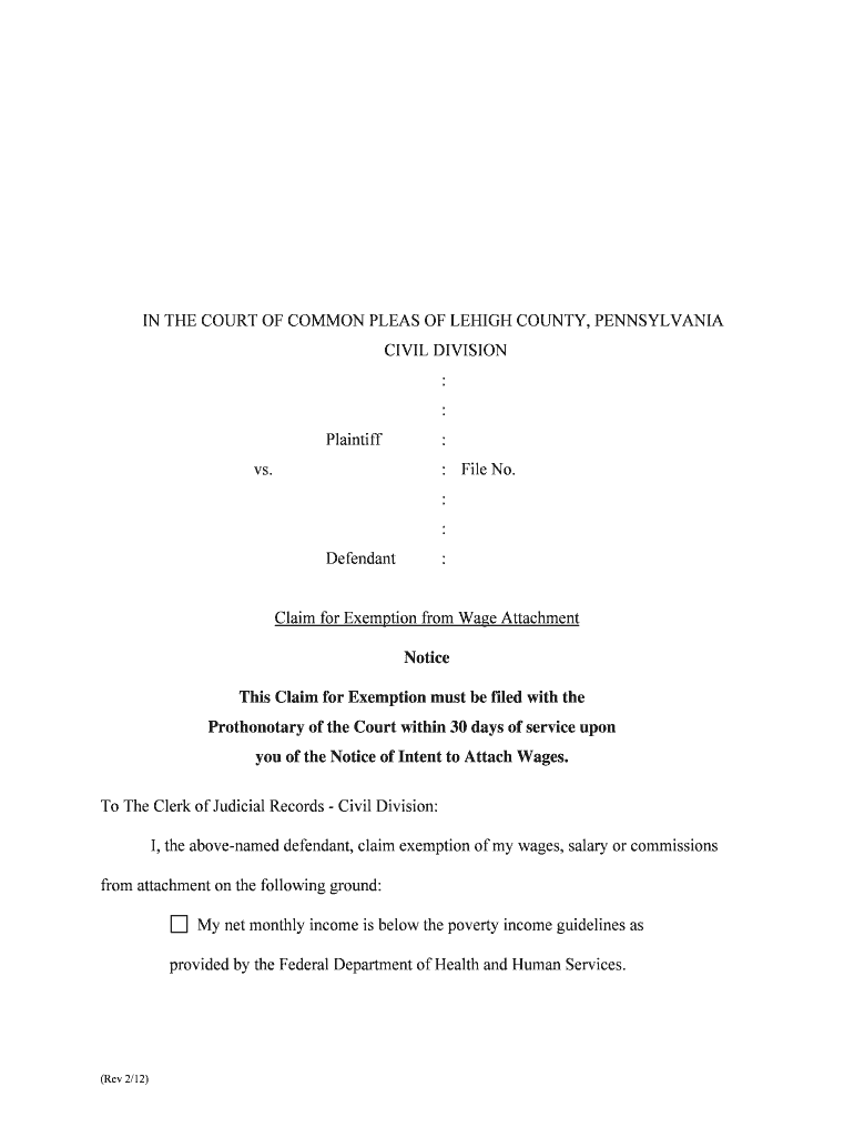 Fillable Online lccpa Claim for Exemption from Wage Attachment Fax ...