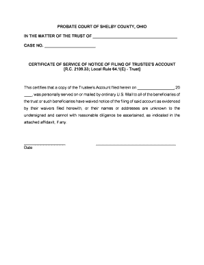 Fillable Online CERTIFICATE OF SERVICE OF NOTICE OF FILING OF TRUSTEE'S ...