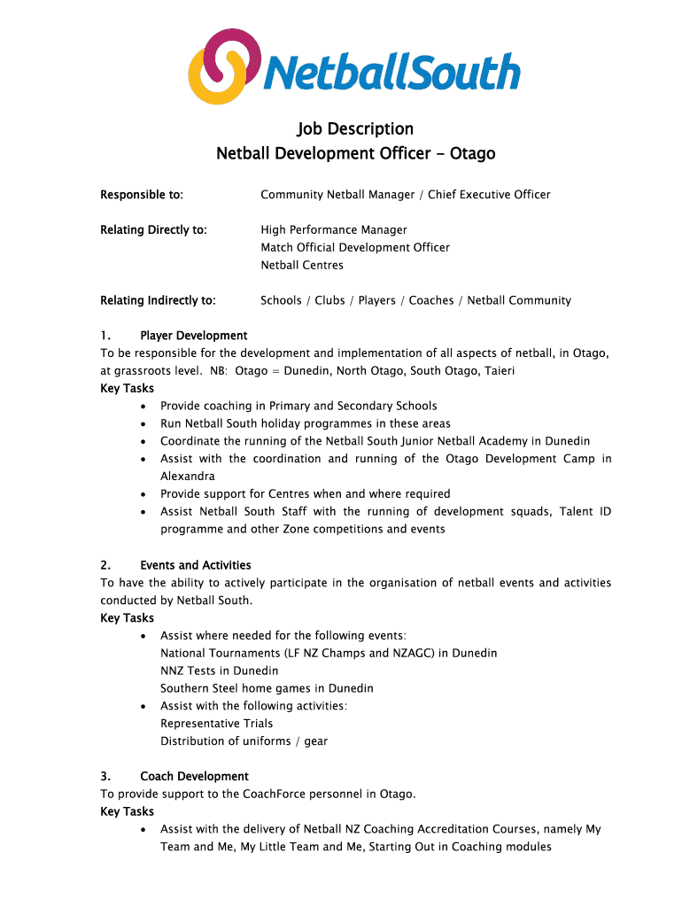 Fillable Online Job Description Netball Development Officer - Otago Fax ...