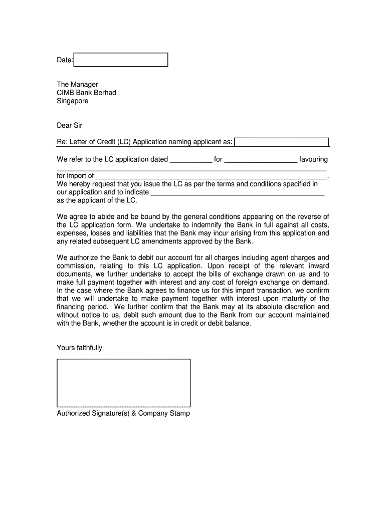 Fillable Online Date We refer to the LC application dated favouring for ...