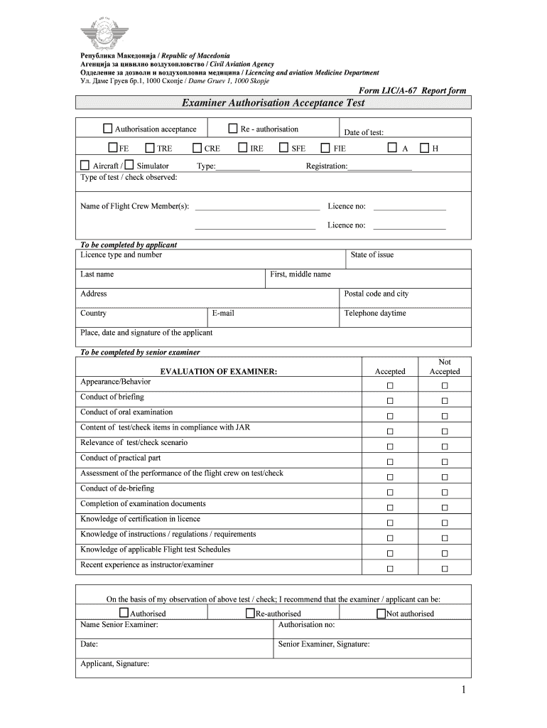 Fillable Online caa gov Examiner Authorisation Acceptance Test ...