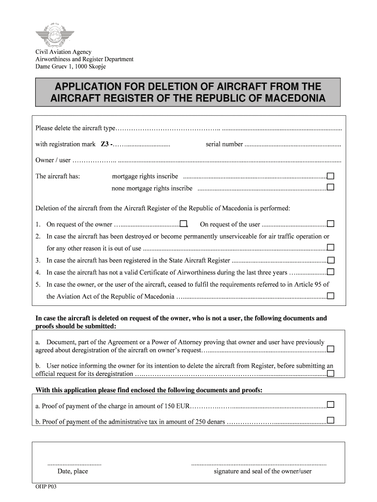 Fillable Online caa gov APPLICATION FOR DELETION OF AIRCRAFT FROM THE ...