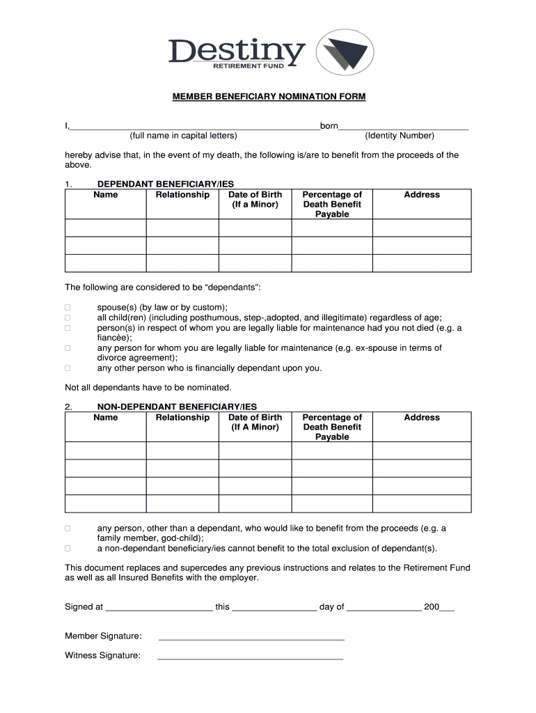 Fillable Online MEMBER BENEFICIARY NOMINATION FORM DEPENDANT ...