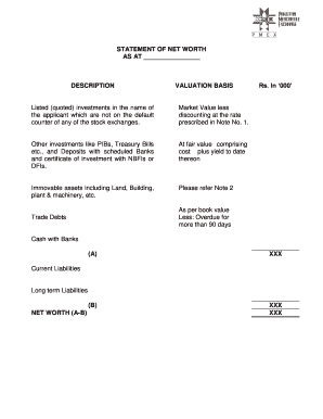 Fillable Online STATEMENT OF NET WORTH AS AT DESCRIPTION VALUATION ...