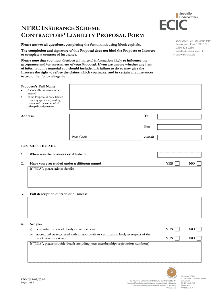 Fillable Online NFRC INSURANCE SCHEME CONTRACTORS LIABILITY PROPOSAL ...