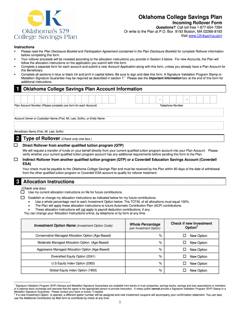 Fillable Online ok4saving Rollover Form - Oklahoma 529 College Savings ...
