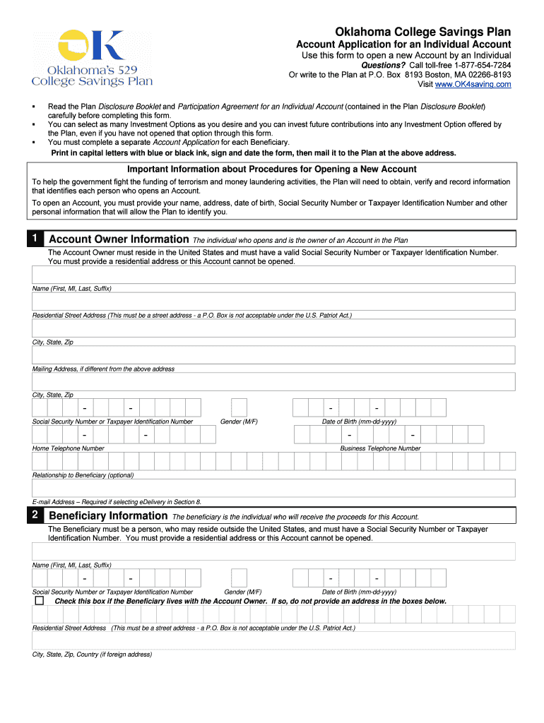 Fillable Online ok4saving Individual Account Application - Oklahoma 529 ...