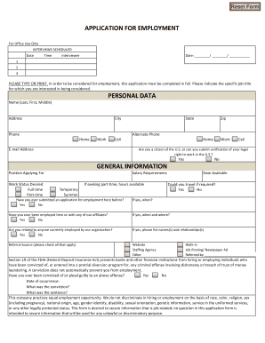 Fillable Online Reset Form APPLICATION FOR EMPLOYMENT For Office Use ...