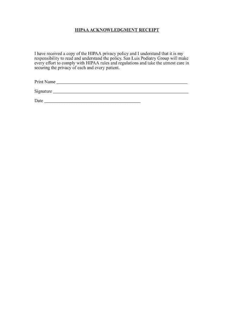 Fillable Online HIPAA ACKNOWLEDGMENT RECEIPT Fax Email Print - pdfFiller