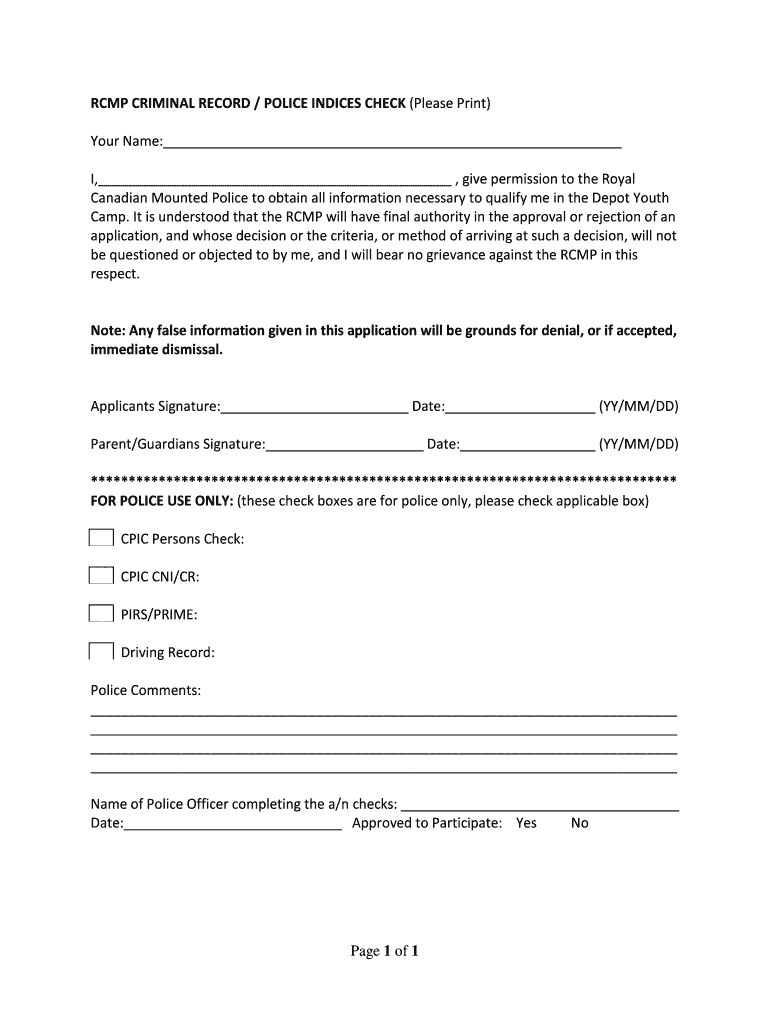 Fillable Online RCMP CRIMINAL RECORD POLICE INDICES CHECK Please Fax ...
