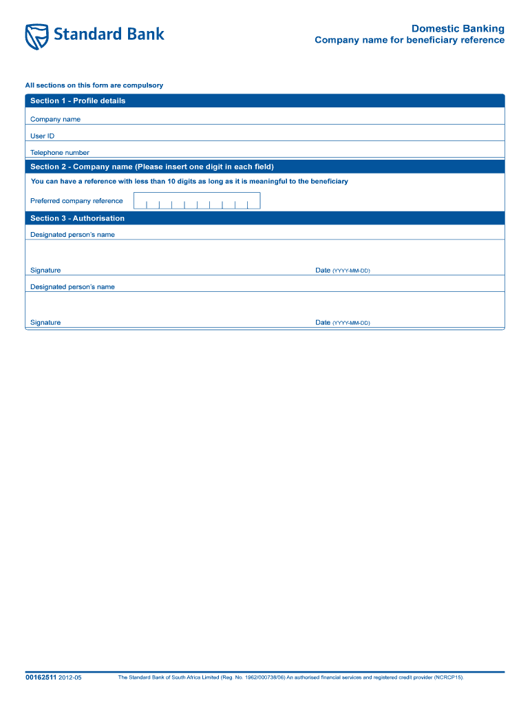 Fillable Online beb standard co Domestic Banking Company name for ...