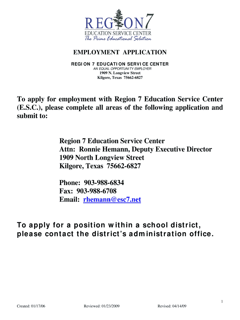 Fillable Online REGION VII EDUCATION SERVICE CENTER - esc7net Fax Email ...