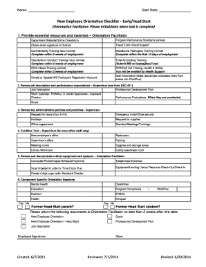 Fillable Online New Employee Orientation Checklist EarlyHead Start Fax Email Print - pdfFiller