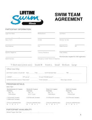 Fillable Online SWIM TEAM AGREEMENT - Lifetime Fitness Fax Email Print ...