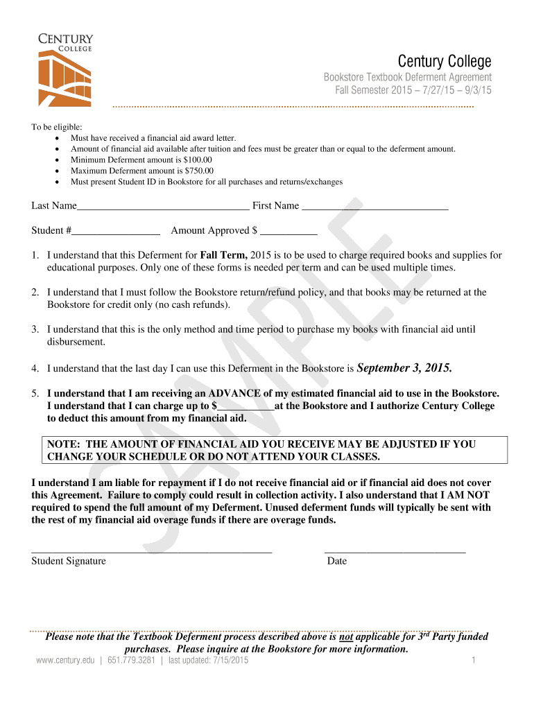 Fillable Online century Bookstore Textbook Deferment Agreement ...