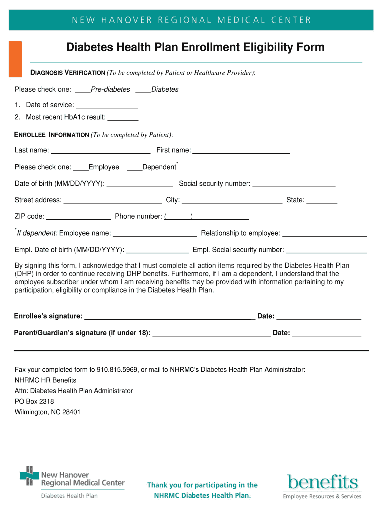 Fillable Online nhrmc Diabetes Health Plan Enrollment Eligibility Form ...