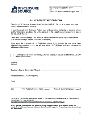 Fillable Online CLUE REPORT AUTHORIZATION - Disclosure Source Fax Email ...