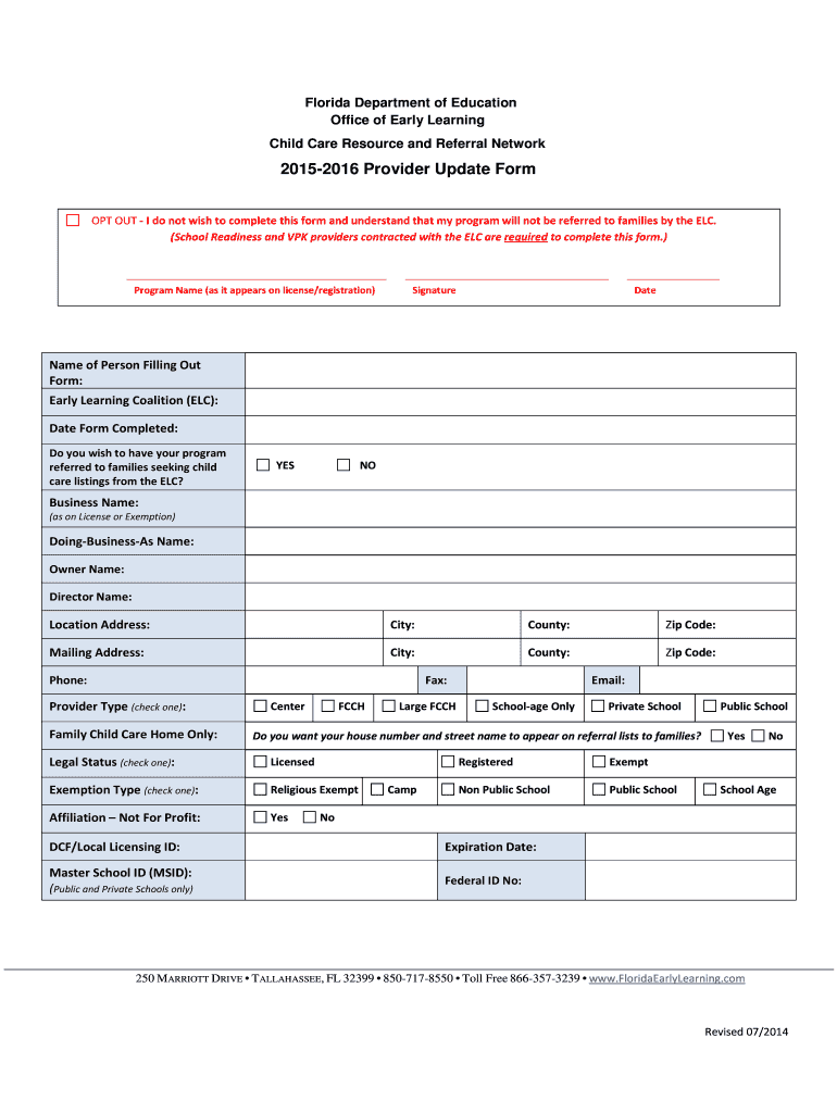 Fillable Online elcfv CCRR Provider Update Form 2015-2016 Fax Email ...